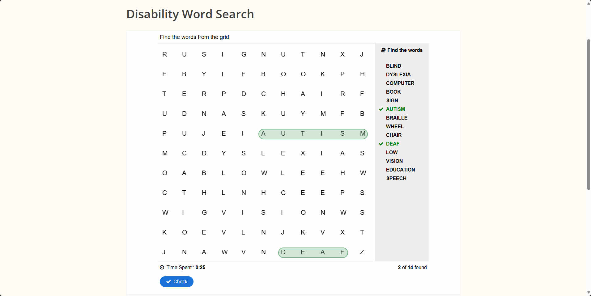 Disability Word Search - Trinayani